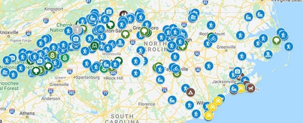 North Carolina Travel Map with 1000 Great Places Included